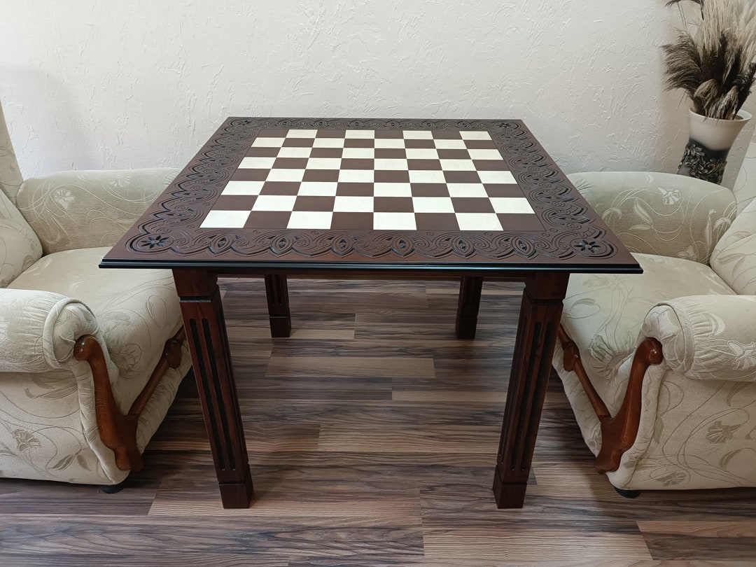 Handmade Wooden Chess Table: Dark Brown Carved Game Table With Storage ...