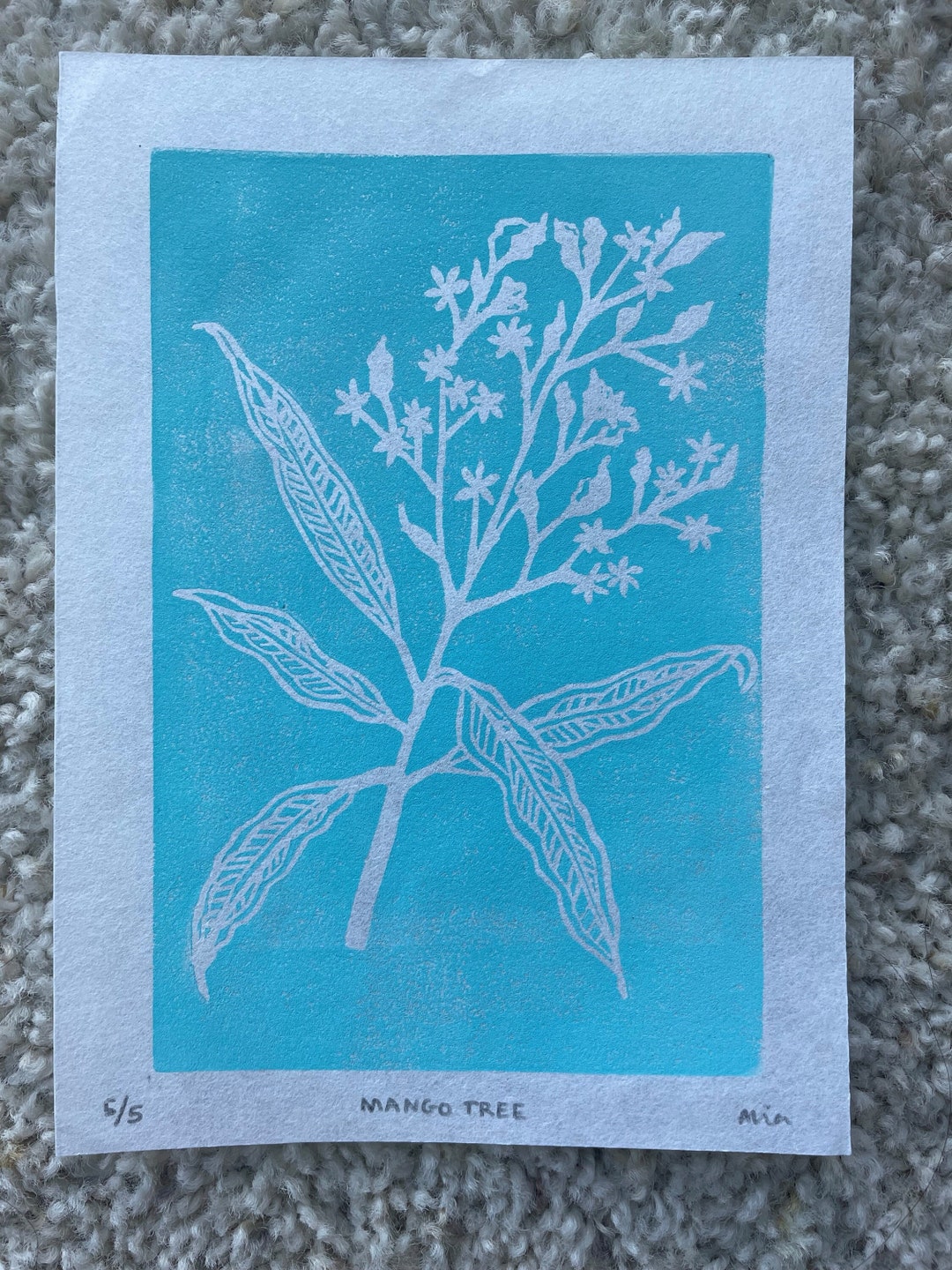 Blockprint, Blue Mango Tree Leaves - Etsy