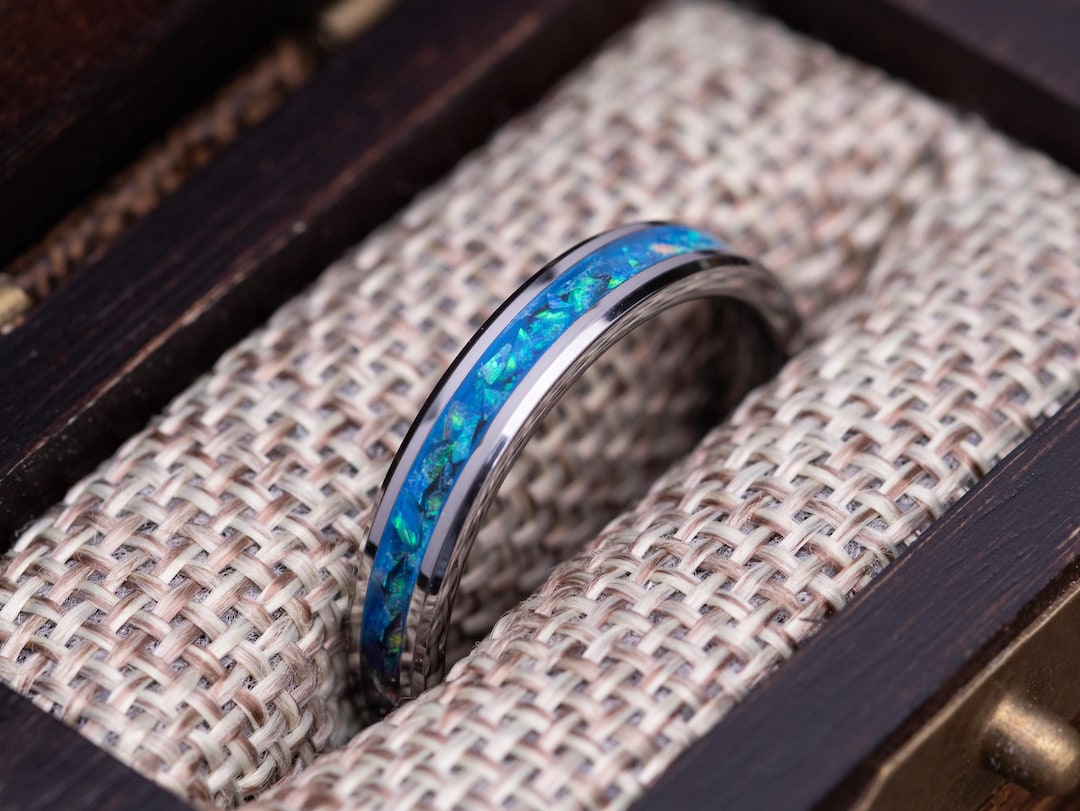 Women's Blue Opal Tungsten Wedding Ring, Handmade Tungsten Carbide Women's Wedding Band, 4mm ...