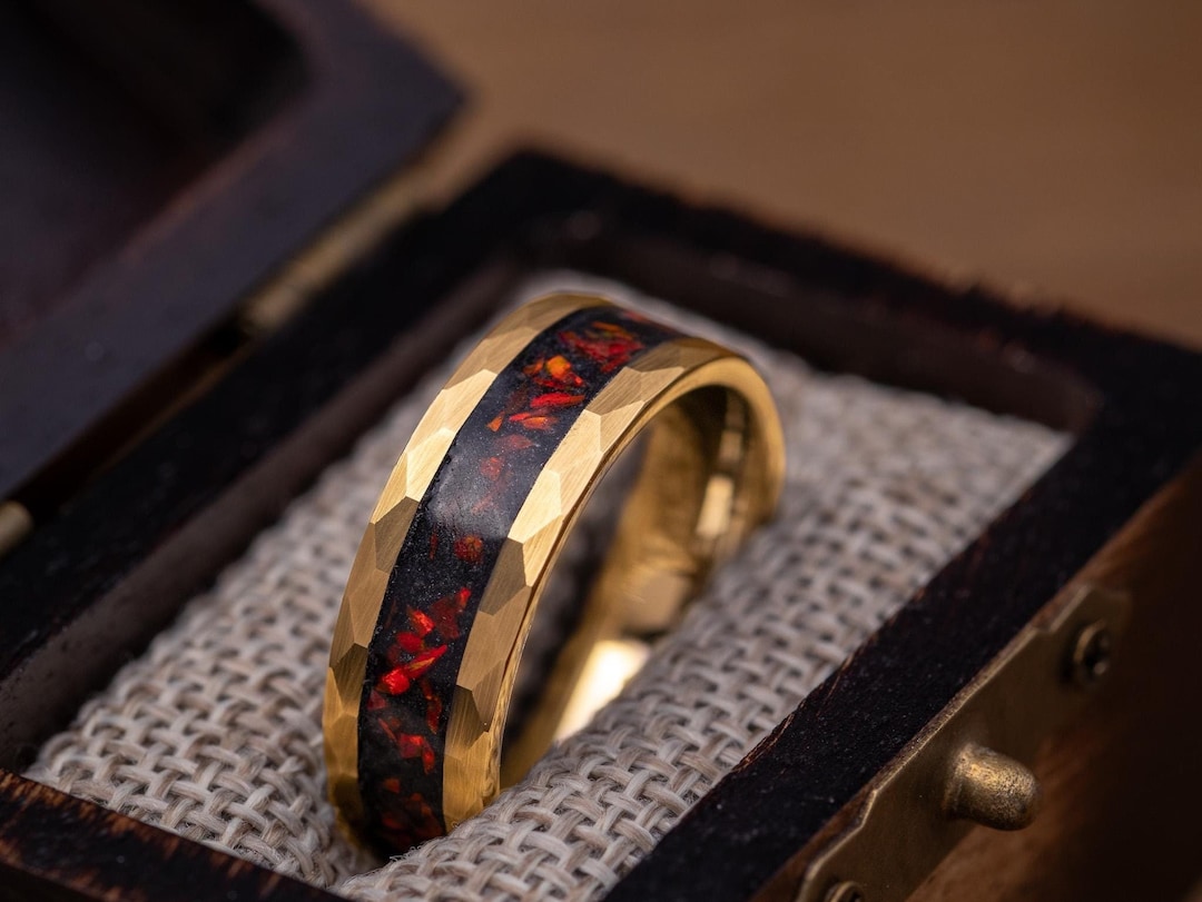 Gold Tungsten Red Opal Wedding Ring, Hammered Yellow Gold Tungsten Ring ...