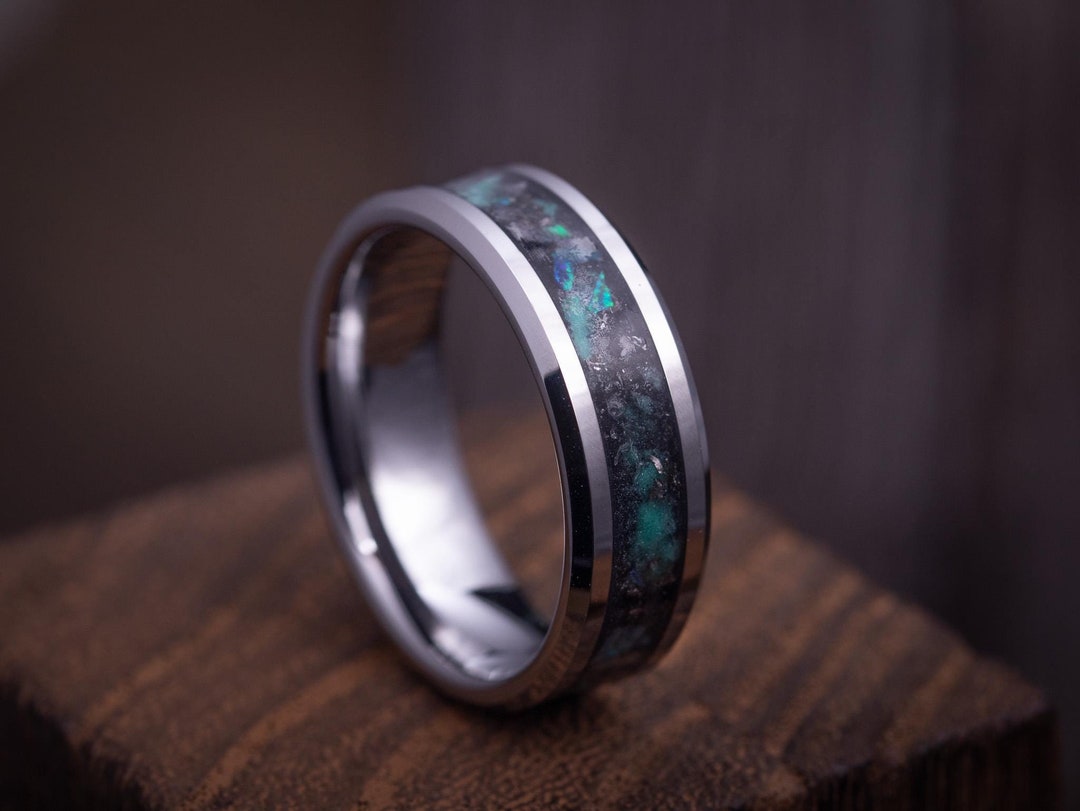 Tungsten Carbide Green Opal Glow Wedding Ring, Authentic Meteorite Band ...