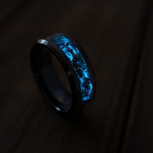 Black Ceramic Glow Wedding Ring, Authentic Meteorite Band, Blue Opal ...