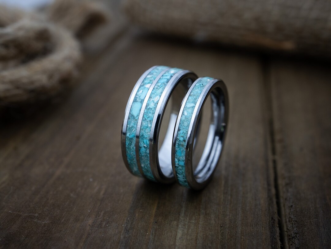 Duel Inlay Turquoise Ring Set, Turquoise Ring, 8mm 4mm Tungsten Rings ...