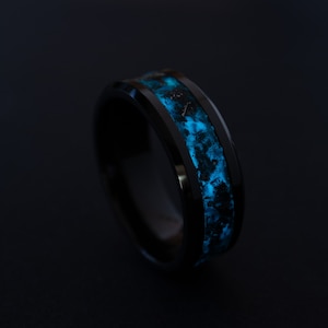 Black Ceramic Glow Wedding Ring, Authentic Meteorite Band, Blue Opal ...