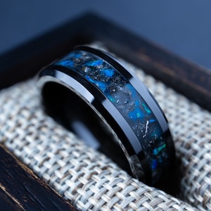 Black Ceramic Glow Wedding Ring, Authentic Meteorite Band, Blue Opal ...