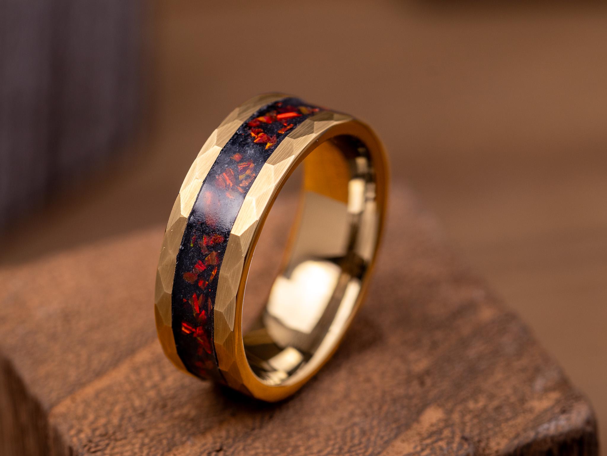 Gold Tungsten Red Opal Wedding Ring, Hammered Yellow Gold Tungsten Ring ...