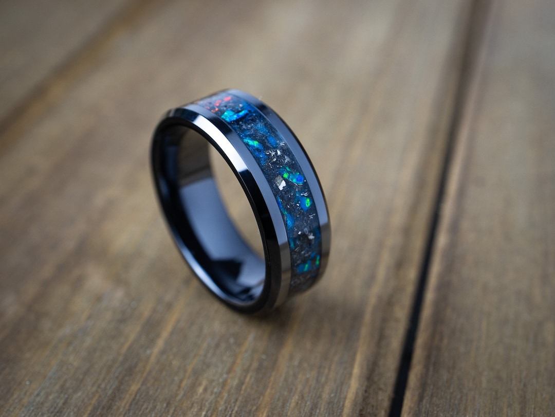 Black Ceramic Glow Wedding Ring, Authentic Meteorite Band, Blue Opal ...
