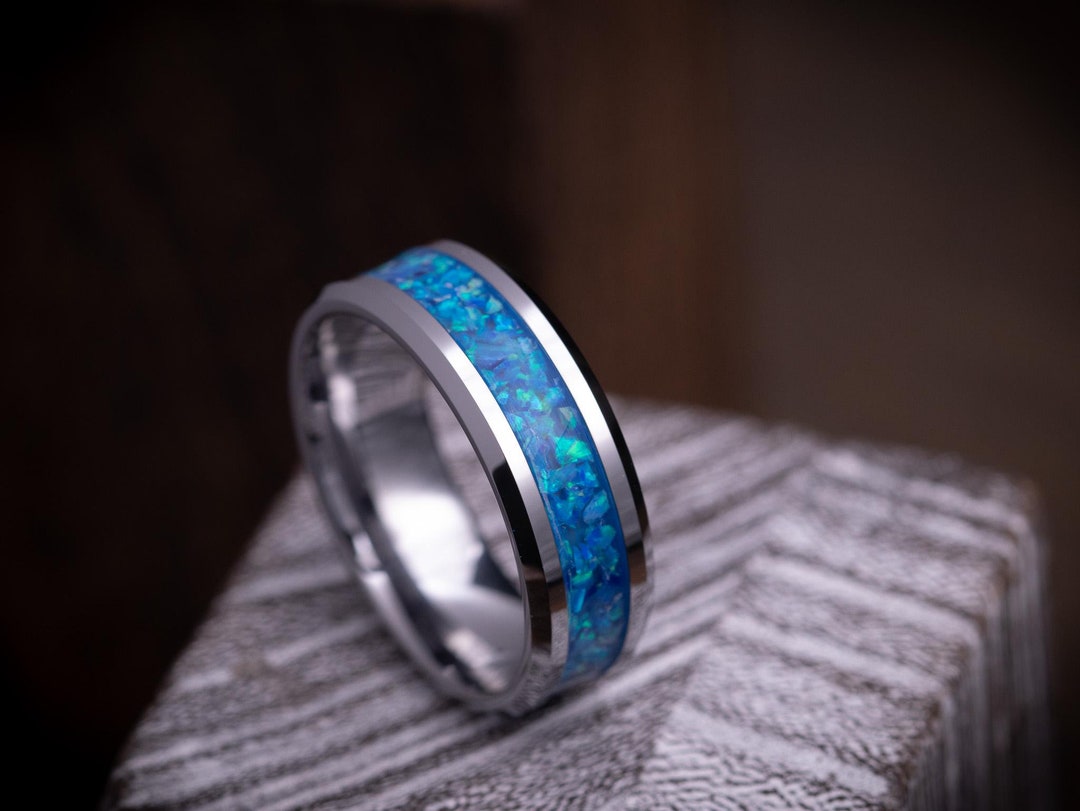 Blue Opal Tungsten Carbide Ring, Deep Blue Ring for Men, Men's Tungsten ...