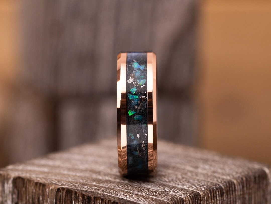 Rose Gold Plated Tungsten Carbide Wedding Ring With Light Blue Opal ...