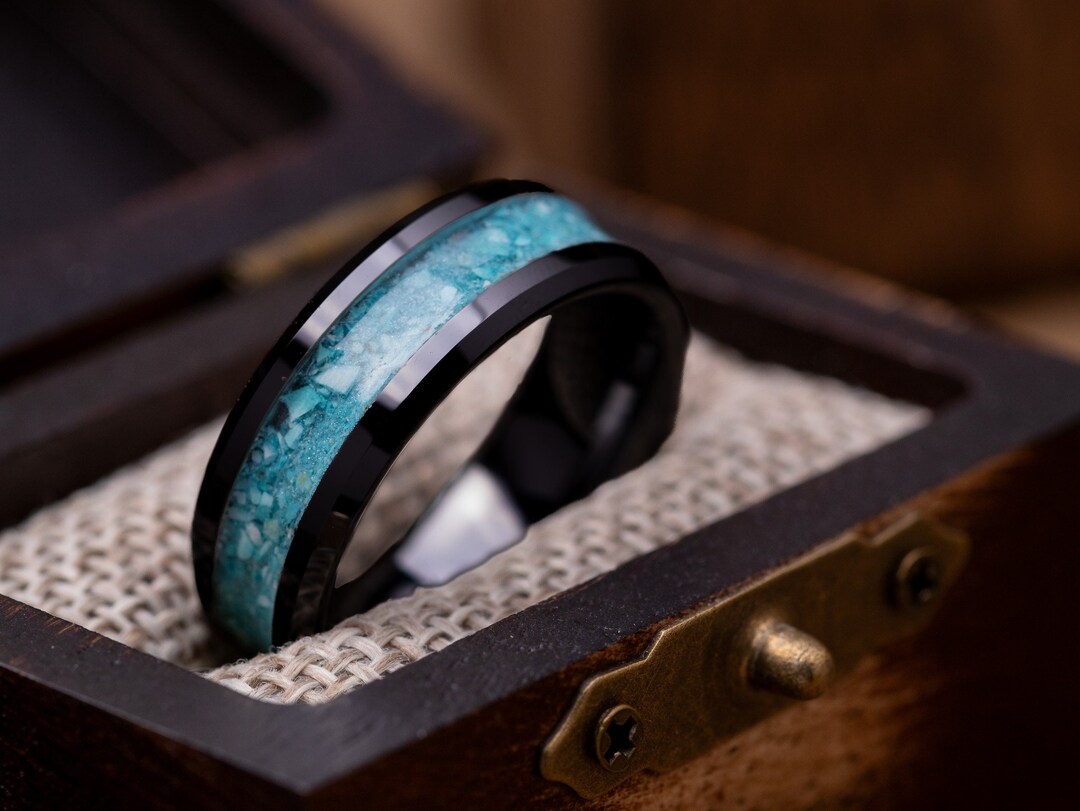 Black Ceramic Turquoise Wedding Band, Sleek Black Mens Wedding Ring ...