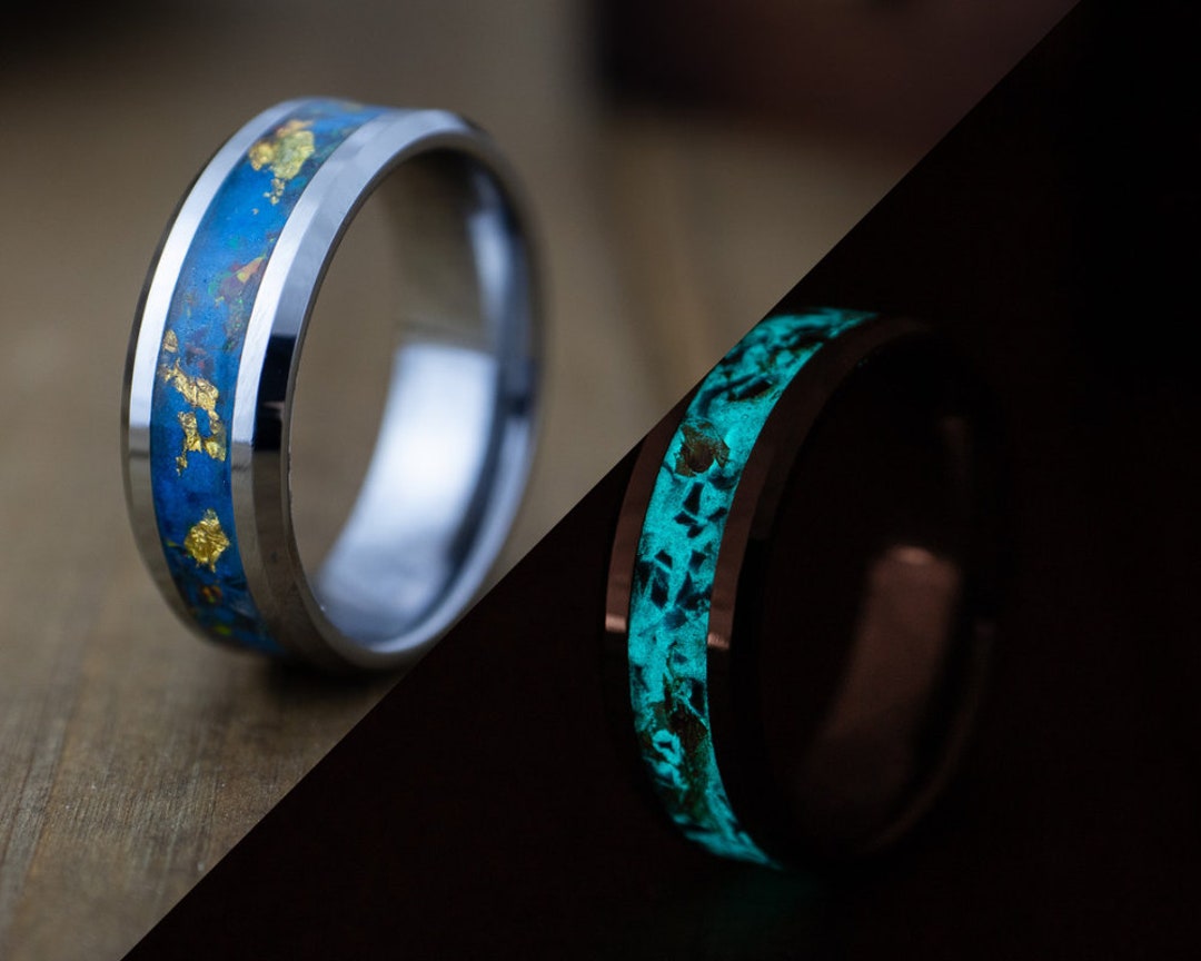 Tungsten Black Opal Glow Ring, Blue Tungsten Glow Wedding Band, 24k ...