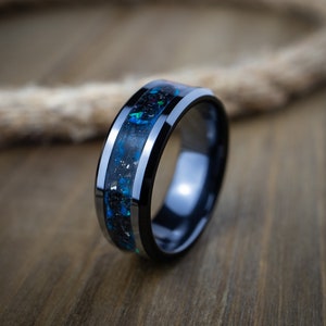 Black Ceramic Glow Wedding Ring, Authentic Meteorite Band, Blue Opal ...