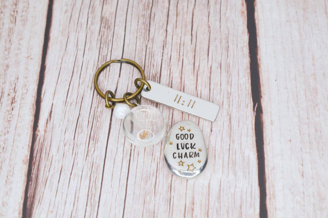 Hand Stamped Good Luck Charm Gift Set | Pewter Pebble & Keychain - Etsy