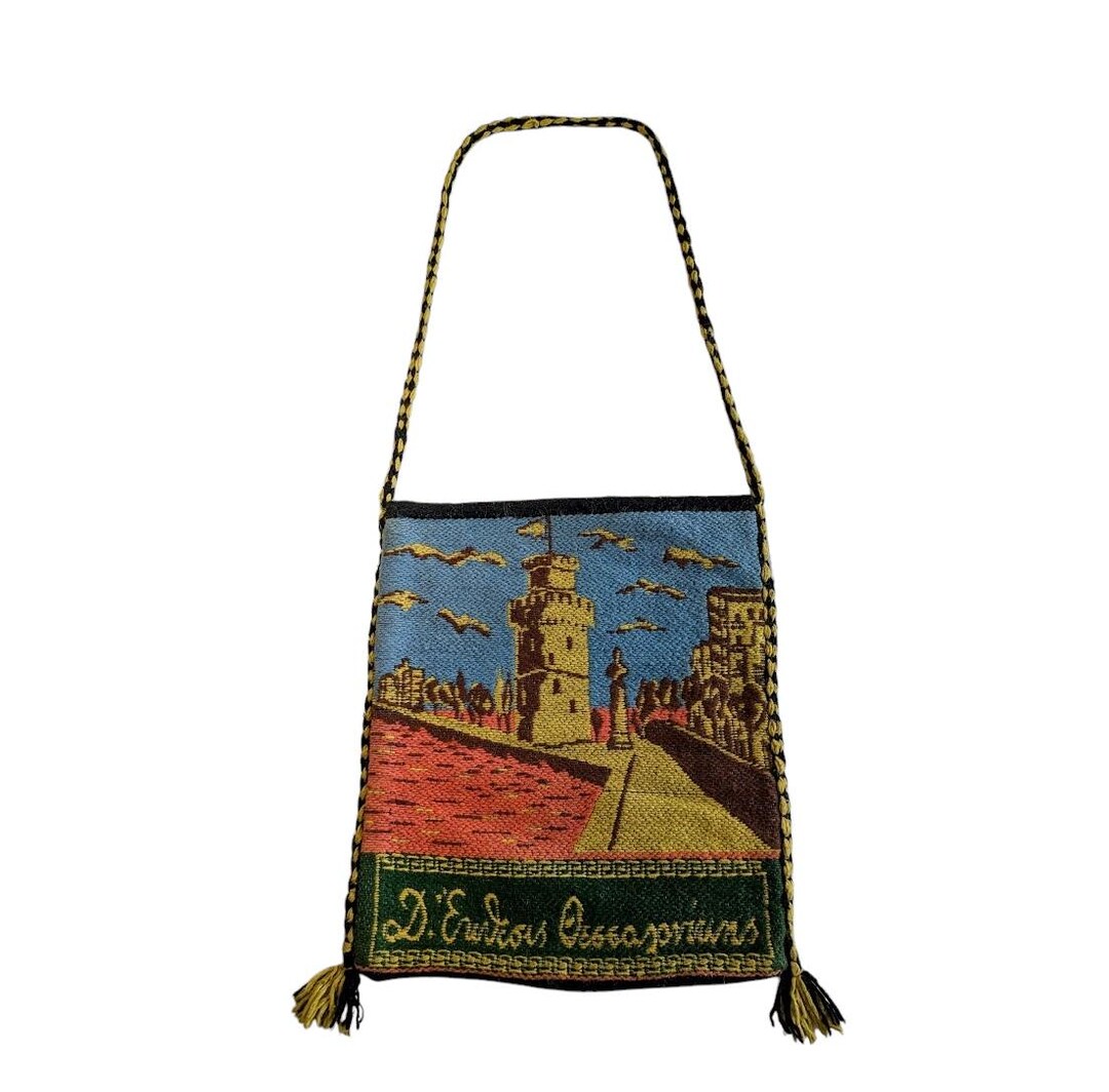 70s GREEK TAPESTRY BAG Woven Greece Monument Bohemian Shoulder Purse ...