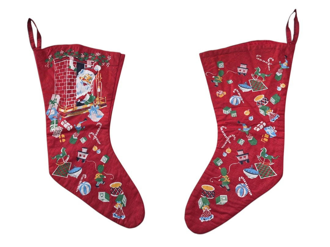50s 60s SANTA & TOYS CHRISTMAS Stocking Nostalgic Printed Cotton Retro ...