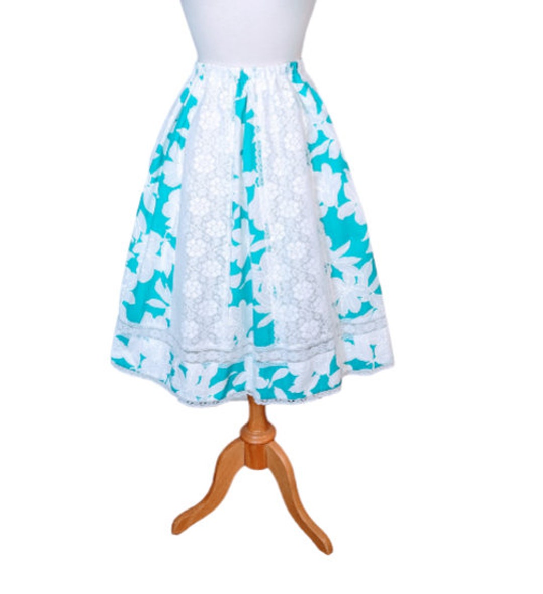 70s TROPICAL FLORAL LACE Skirt S M L Handmade Teal White Hawaiian ...