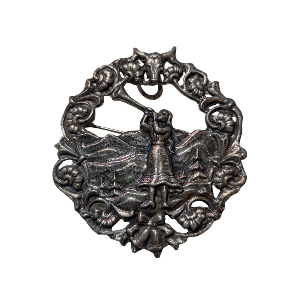 40s ASTRI HOLTHE Norwegian PEWTER Brooch Pendant Girl Lur Trumpet ...