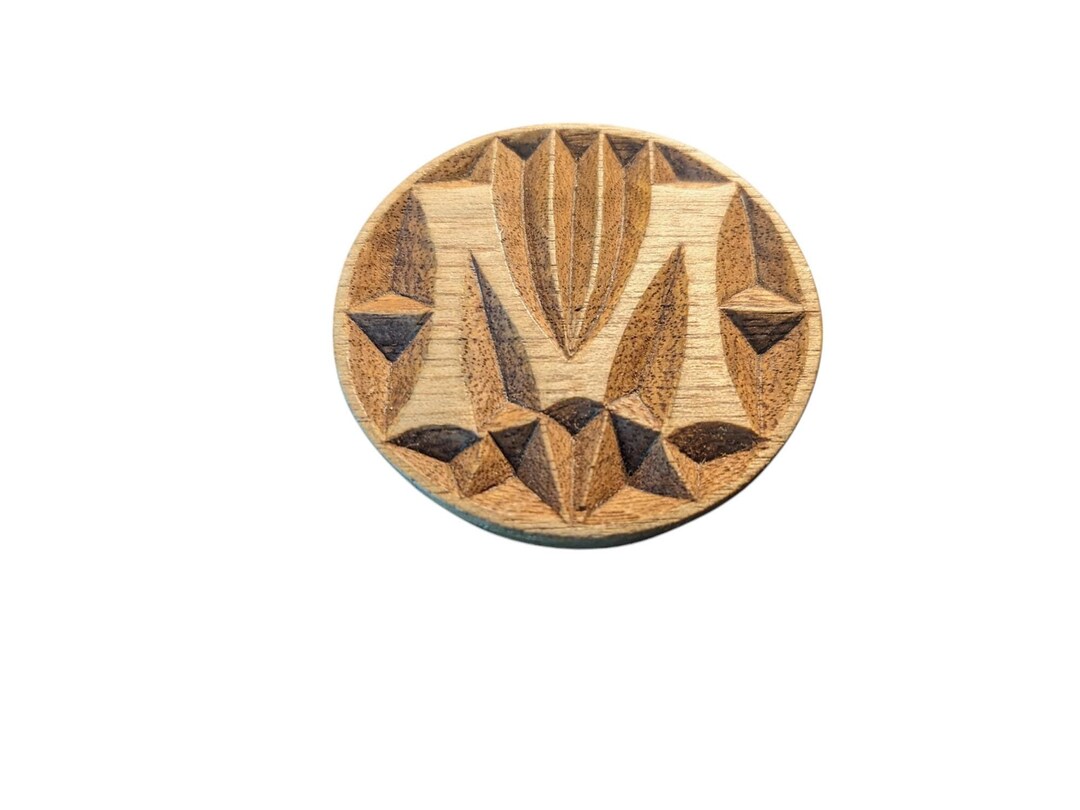 70s LETTER M Hand Carved WOOD Brooch Pin Hippie Boho Renaissance Gothic ...