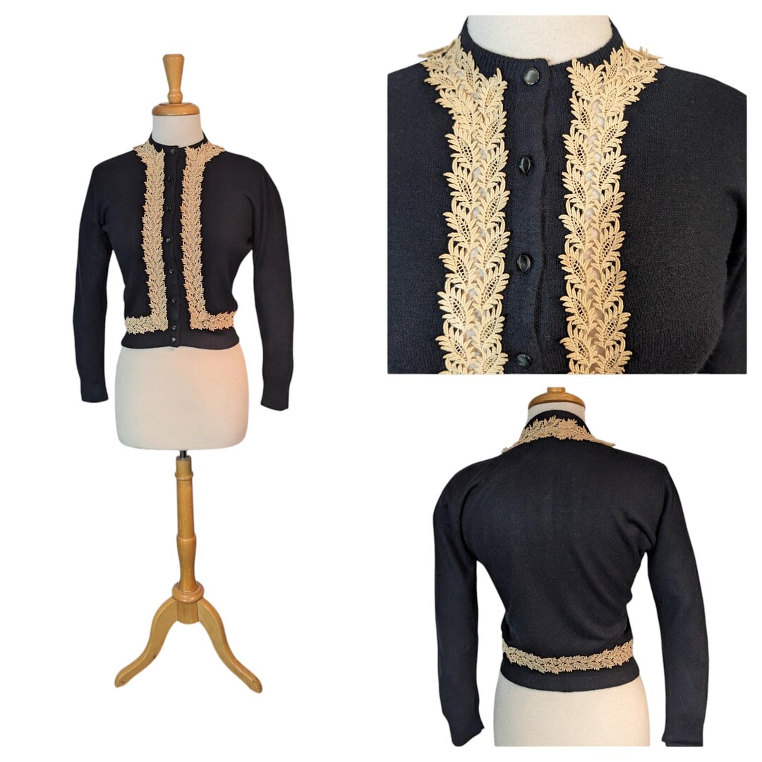 40s 50s BLACK & LACE Pin up SWEATER Xs S Angora Embroidered Trim ...
