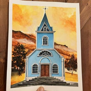 Blue Church Orange Background Art Original Gouache Painting, Simple Art ...