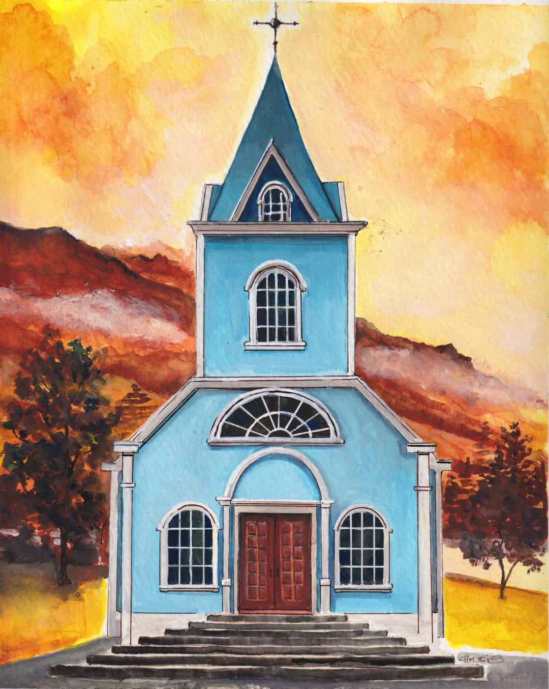 Blue Church Orange Background Art Original Gouache Painting, Simple Art ...