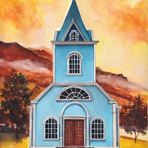 Blue Church Orange Background Art Original Gouache Painting, Simple Art ...