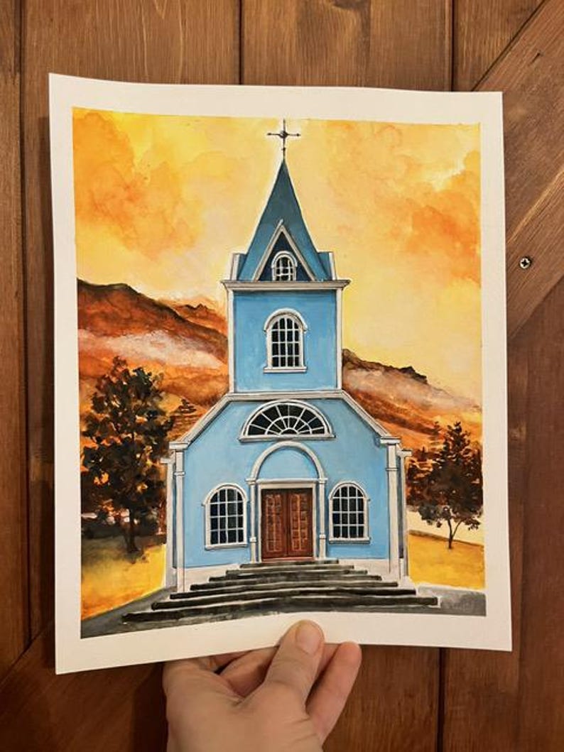 Blue Church Orange Background Art Original Gouache Painting, Simple Art ...