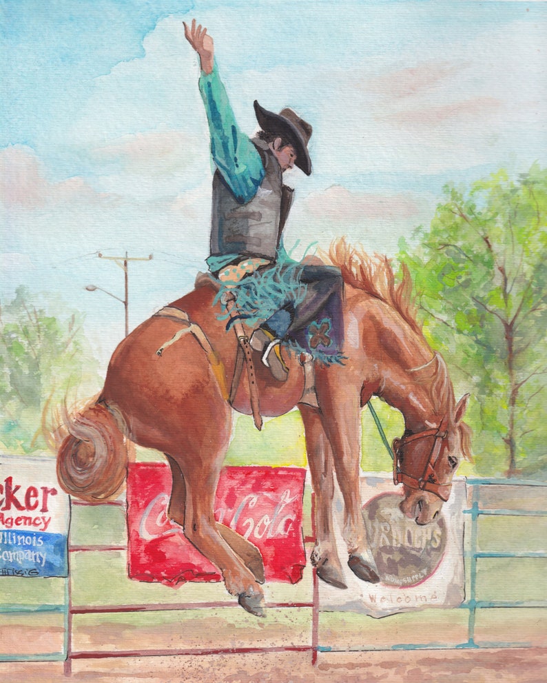 Rodeo Horse Show Bucking Bronco Cowboy PRINT, Wild Mustang Horse Giclee ...