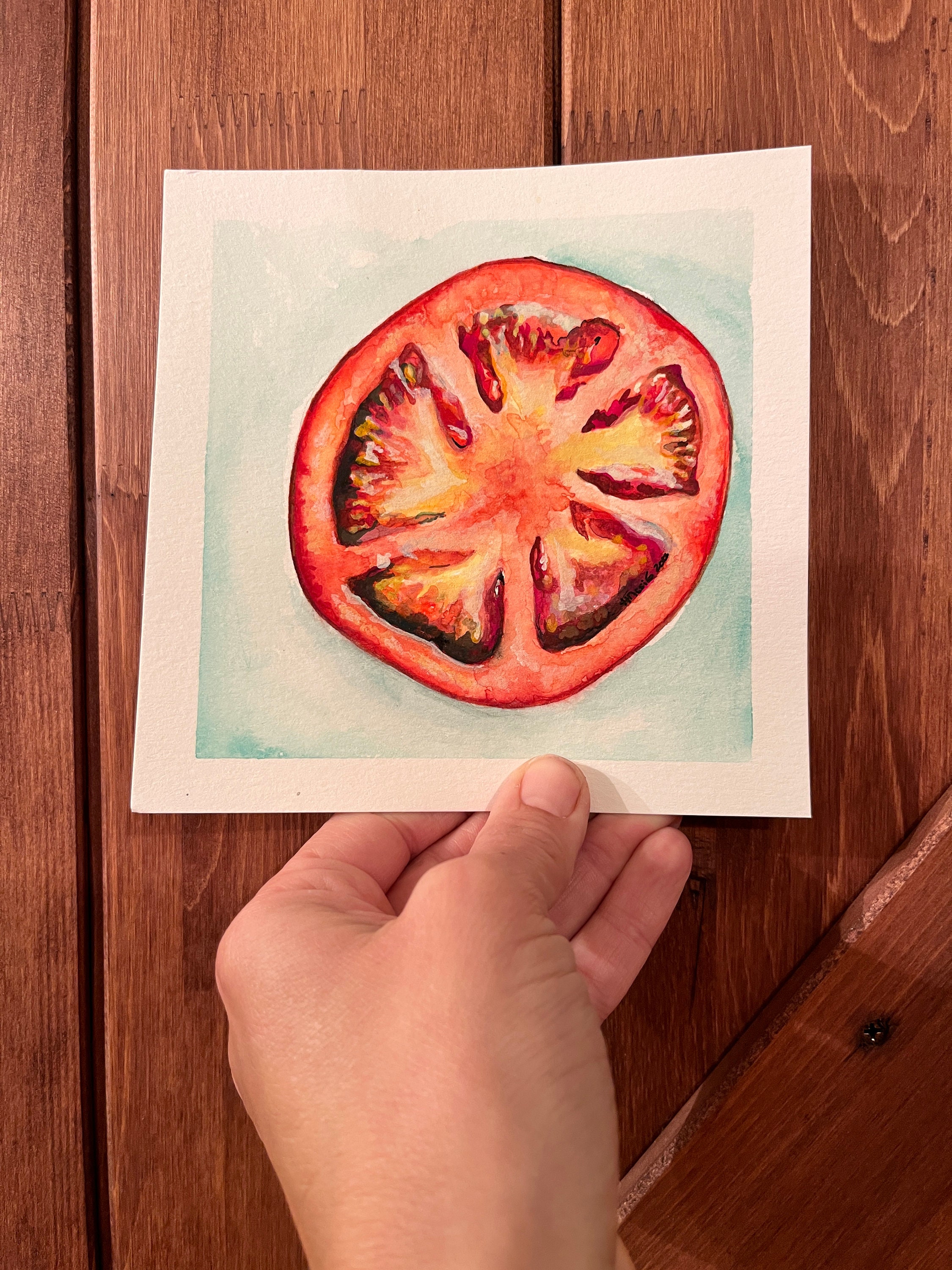 Tomato Slice on Green Wash Original Painting Watercolor Gouache Art 5x5 ...