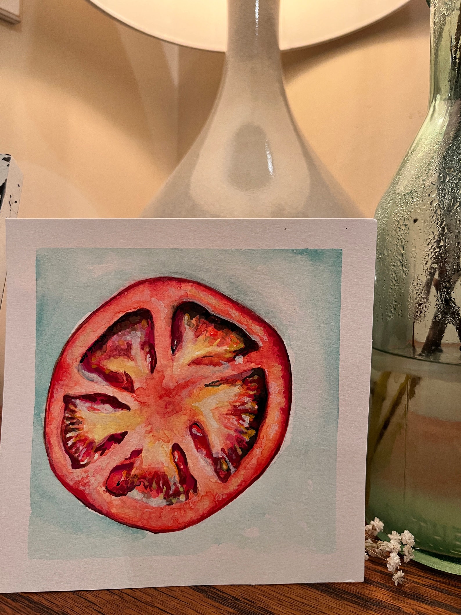 Tomato Slice on Green Wash Original Painting Watercolor Gouache Art 5x5 ...