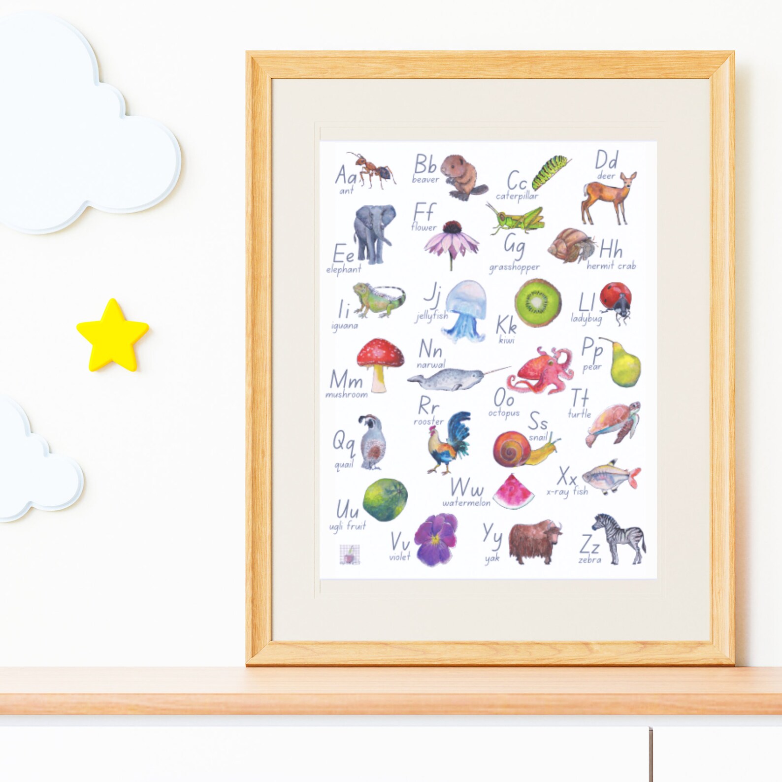 Nature Animals and Objects Alphabet Watercolor Art DIGITAL FILES POSTER ...
