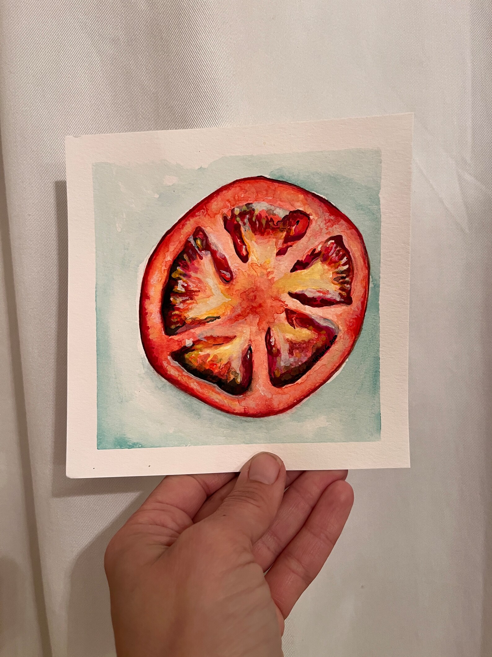 Tomato Slice on Green Wash Original Painting Watercolor Gouache Art 5x5 ...