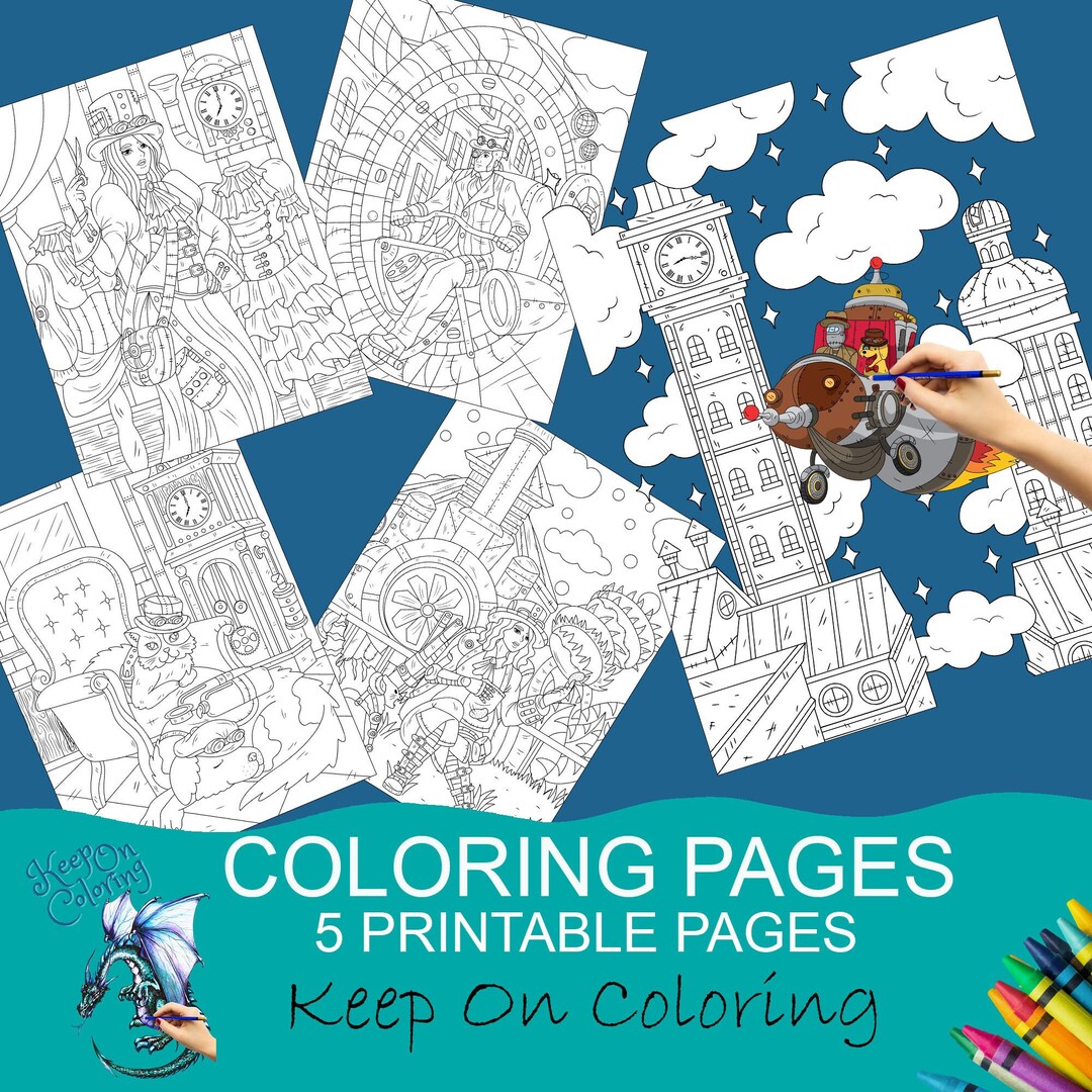 STEAMPUNK Coloring Pages Digital Coloring Dieselpunk Cyberpunk Steambag ...
