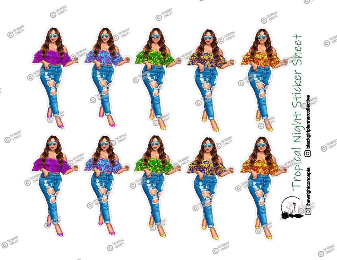 Tropical Night Sticker Sheet, Brown Hair Stickers, Brunette Planner ...