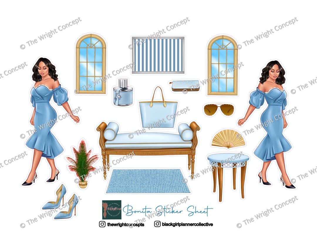 Bonita Sticker Sheet black Hair BLUE , Brunette Stickers, Denim ...