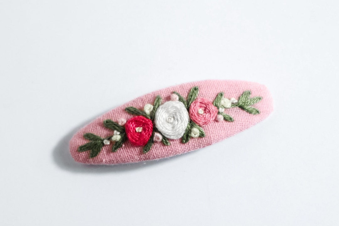 Floral Hand Embroidered Snap Hair Clips for Girls, Linen Embroidered ...