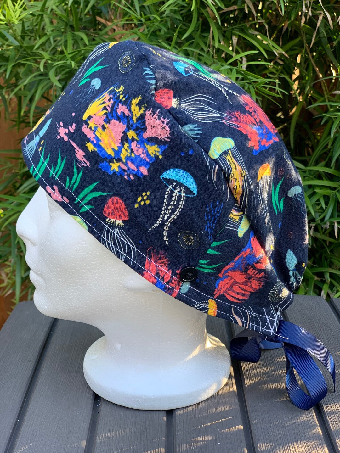 Ocean Life, Jellyfish, Squid, Coral, Seaweed Scrub Cap With Buttons ...