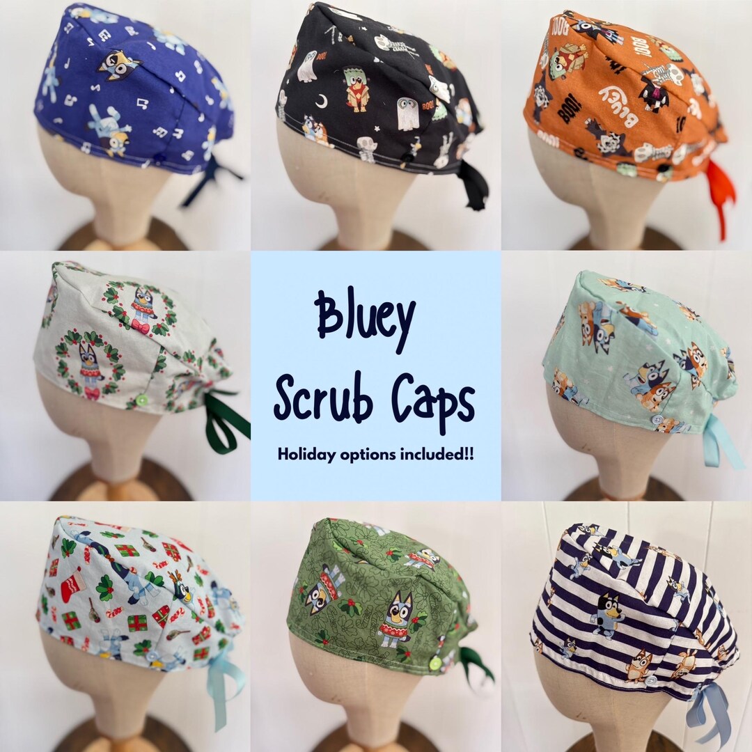 New Blue Puppy Scrub Cap With Buttons, Christmas and Halloween Options ...
