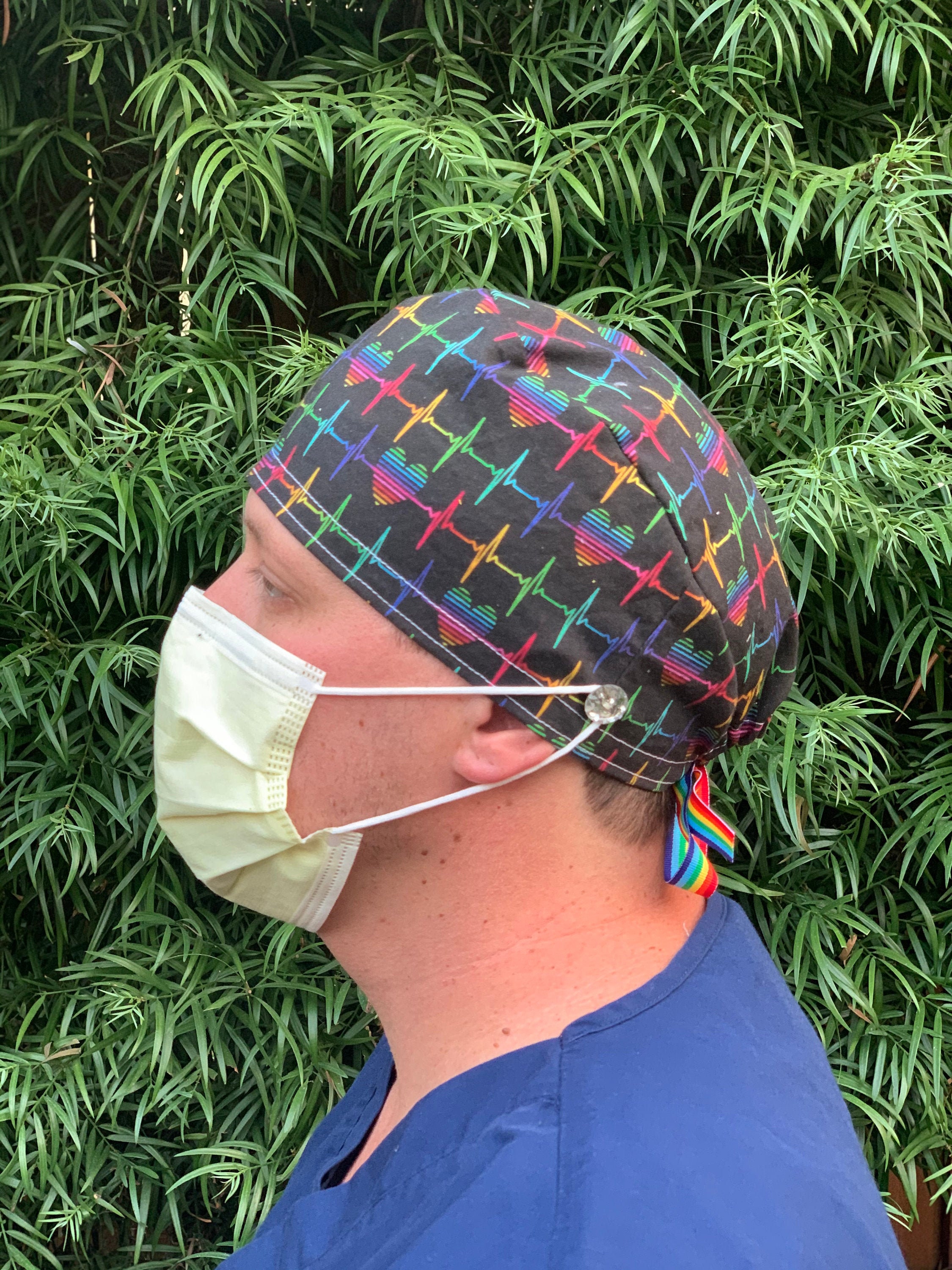 EKG Heart Cardiac Rainbow Scrub Cap With Buttons. PPE, Nurse, Doctor ...
