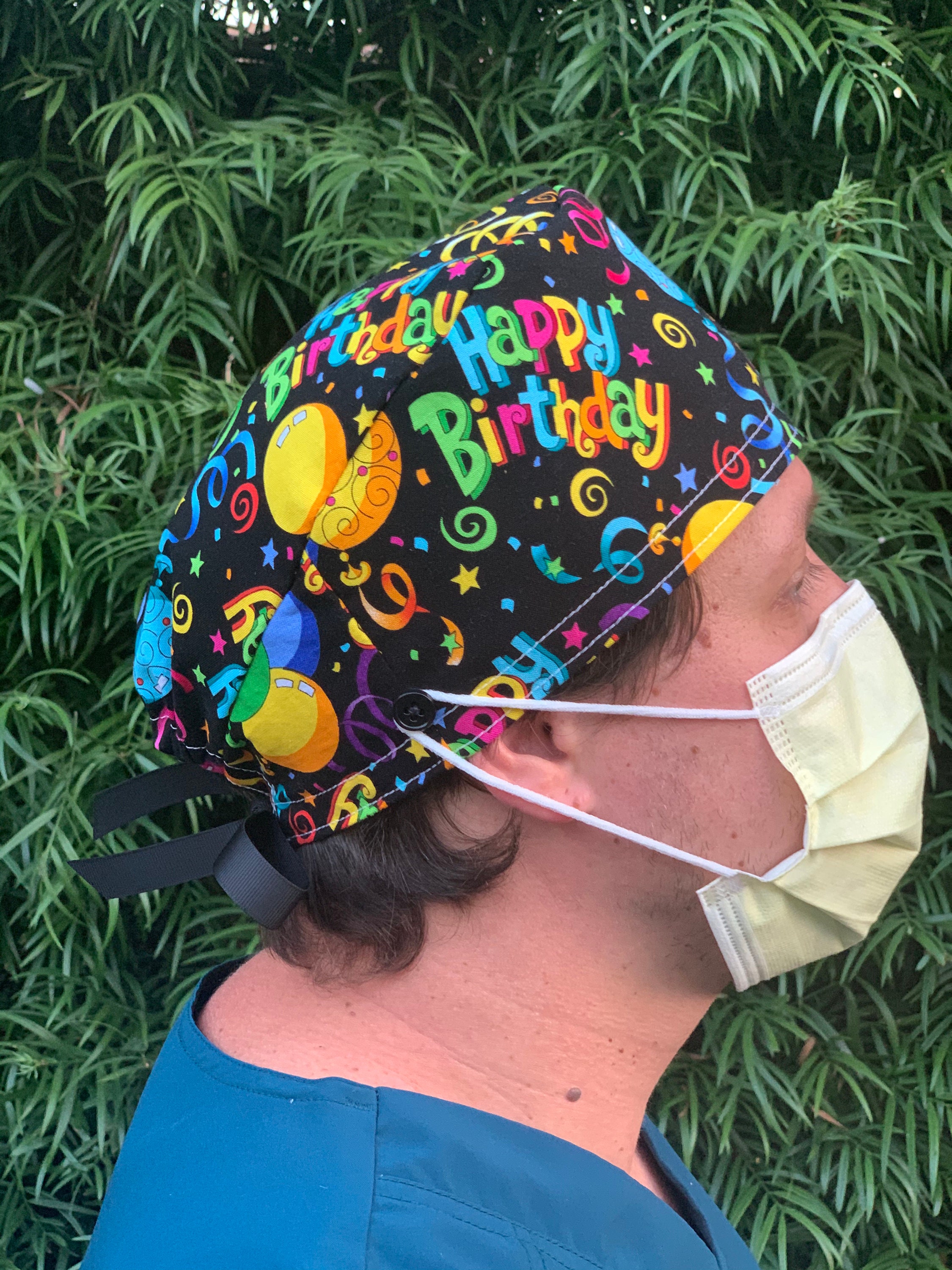 Happy Birthday Scrub Cap with buttons | Etsy