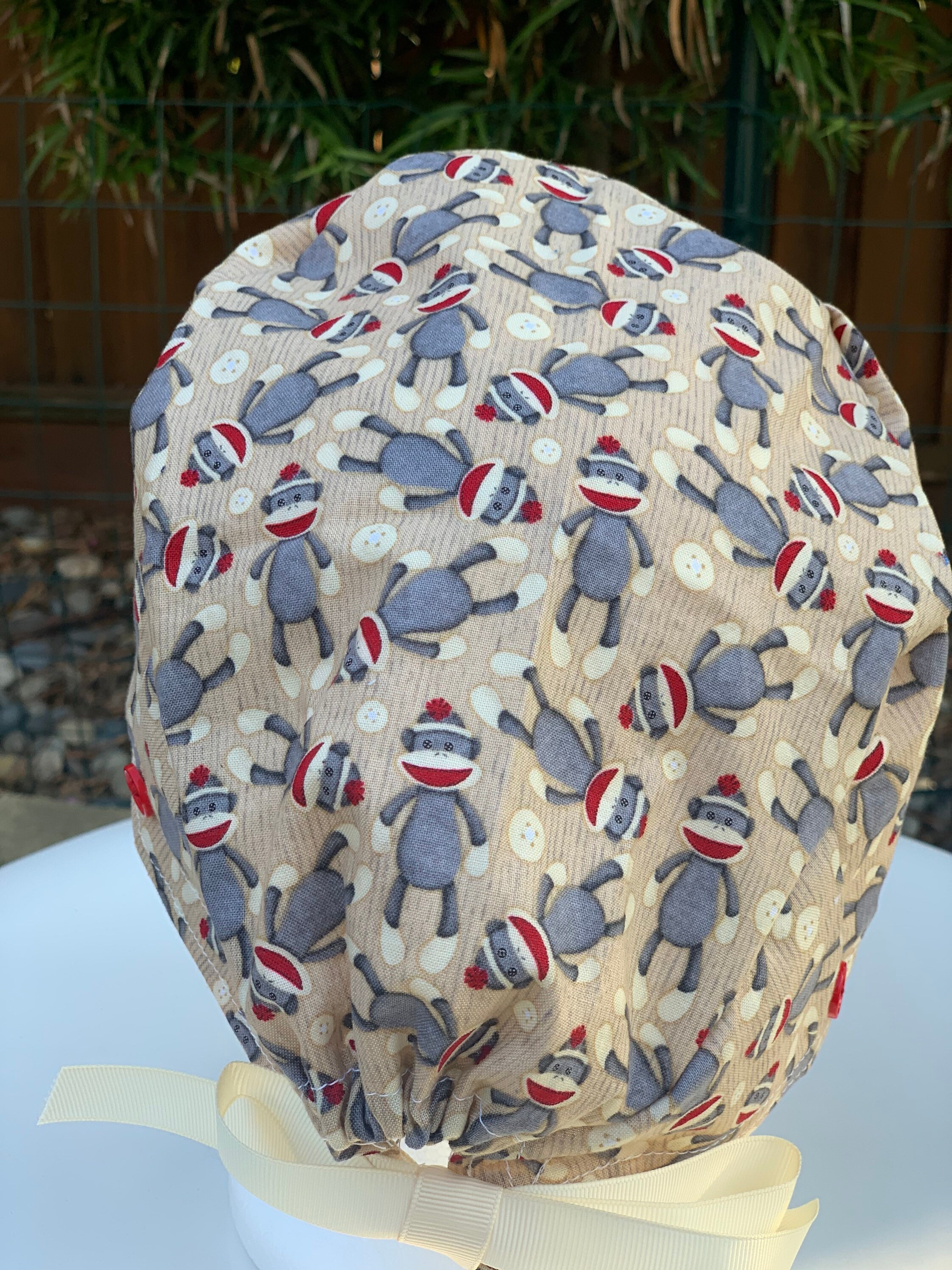 Sock monkey Scrub Cap with buttons. Surgical hat for nurses | Etsy