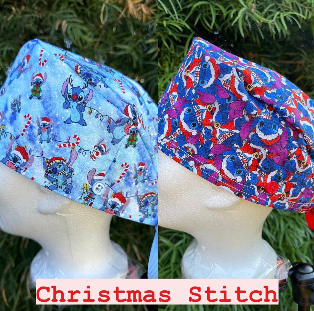 Christmas Stitch Santa Tangled Lights Holiday Scrub Cap With Buttons ...