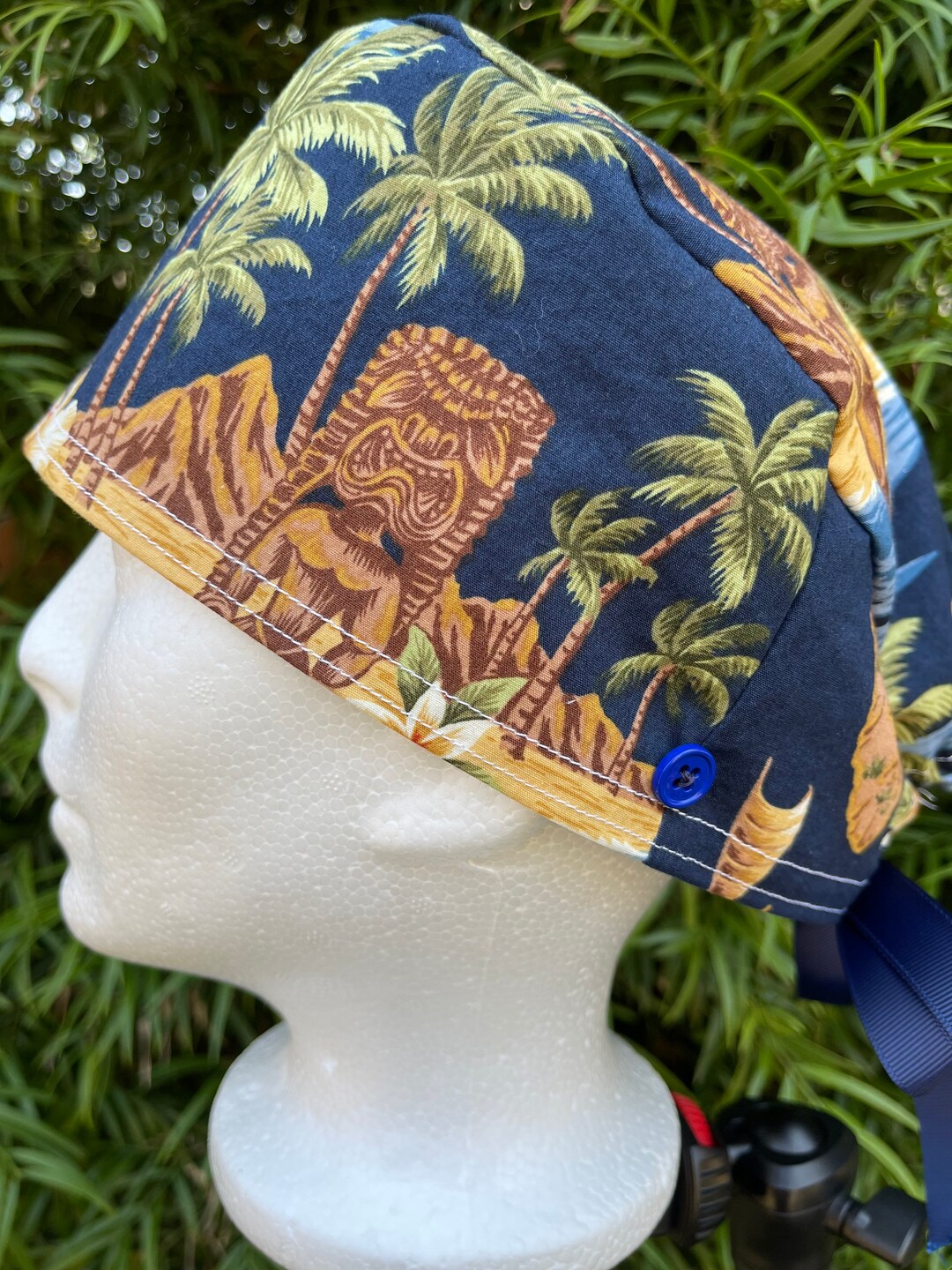 Hawaiian Print Scrub Cap With Buttons, Islands, Tiki, Palm Trees ...