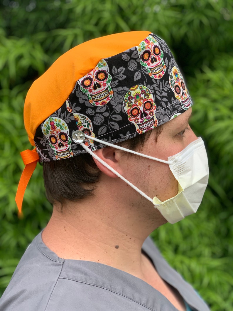 Bright Multicolored Sugar Skull Scrub Cap With Buttons Orange - Etsy