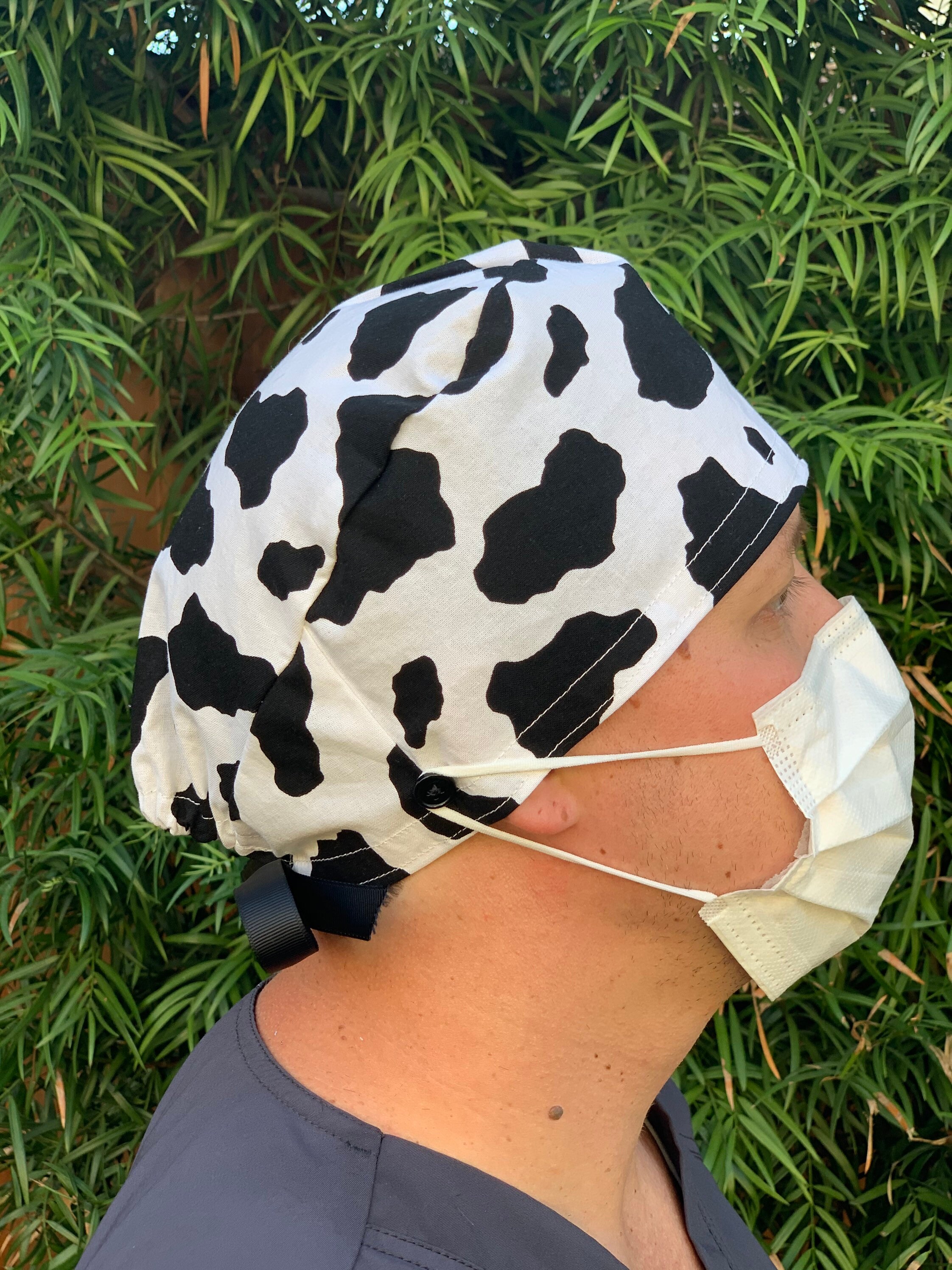 Cow Print Scrub Cap With Buttons Black and White. RN Doctor | Etsy