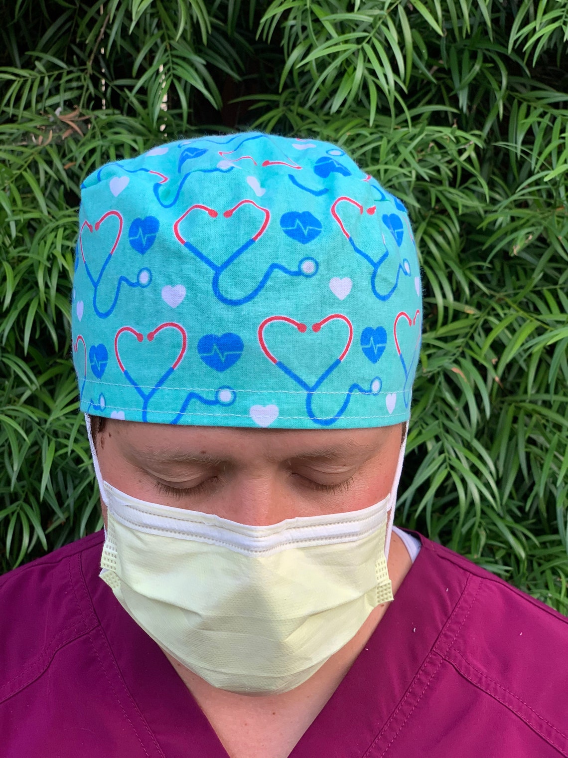 Stethoscope Ekg Heart Scrub Cap With Button Nurse Cap Doctor Etsy