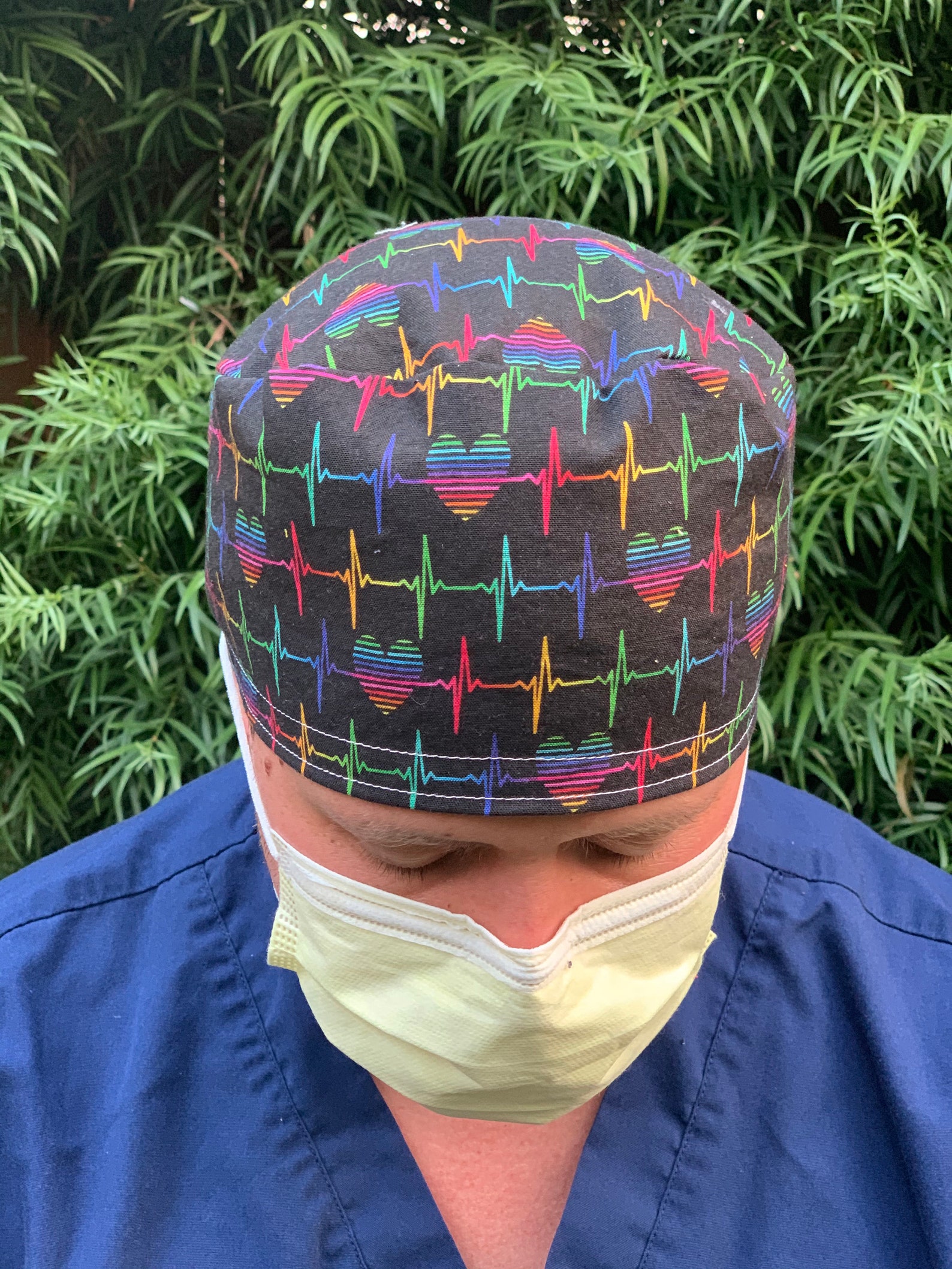 EKG Heart Cardiac Rainbow Scrub Cap With Buttons. PPE, Nurse, Doctor ...