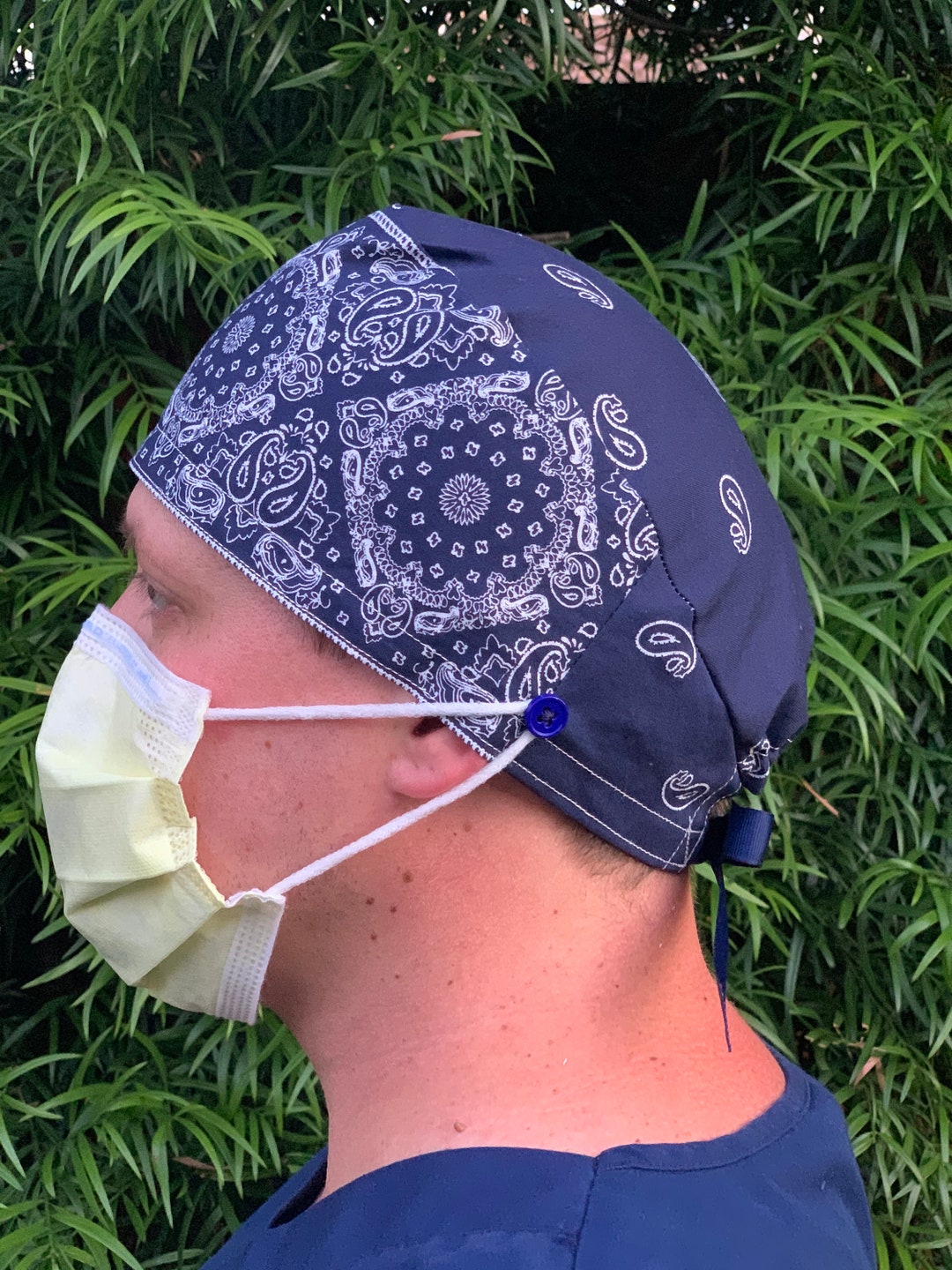 Navy Blue Bandana Scrub Cap With Buttons, Surgical Cover, OR, Nurse Hat ...