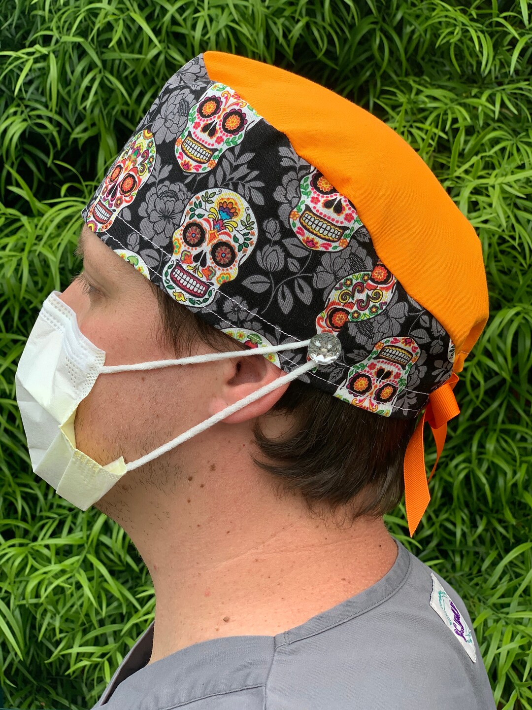 Bright Multicolored Sugar Skull Scrub Cap With Buttons Orange - Etsy