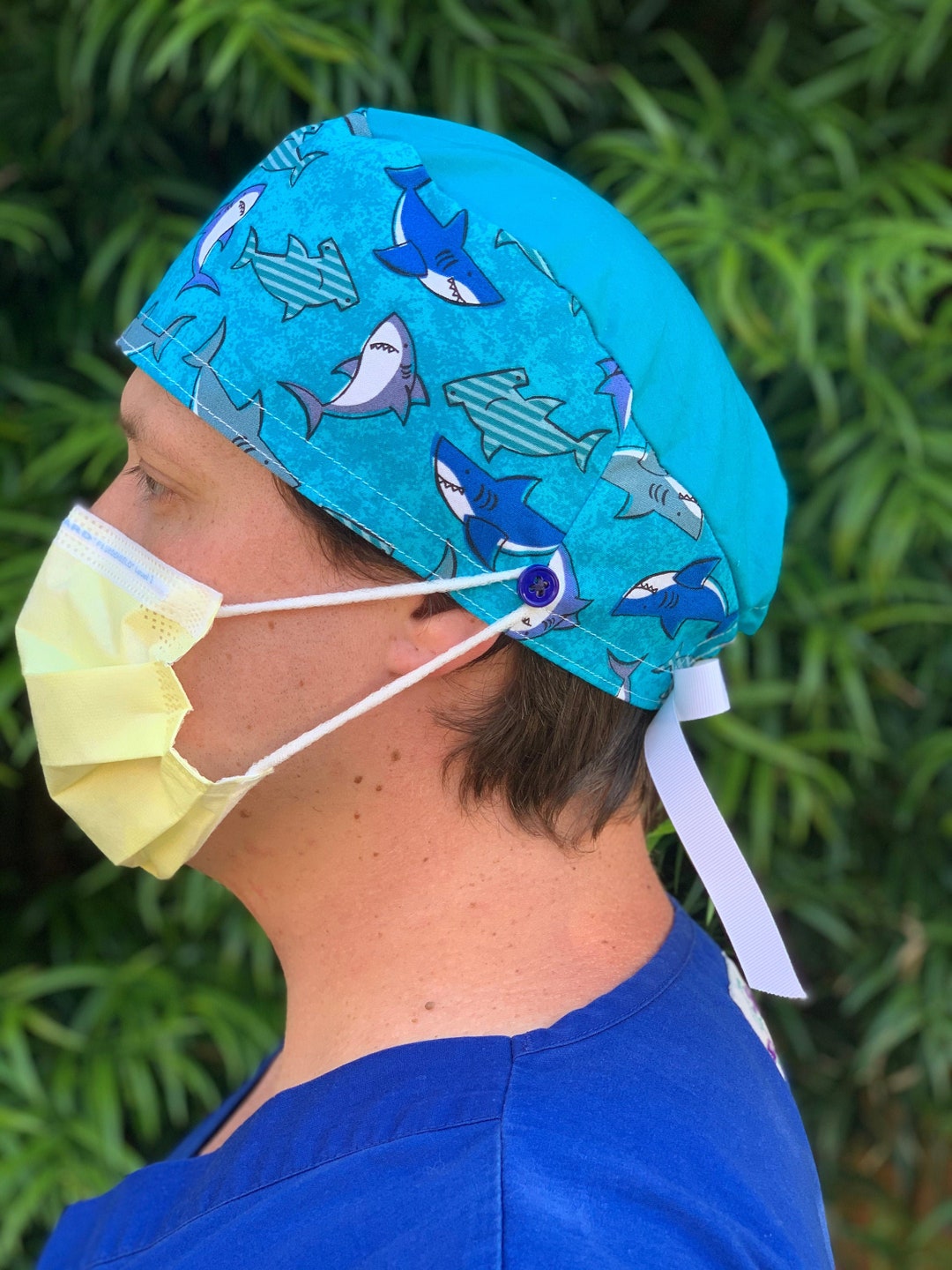 Scrub Cap With Buttons Shark Ocean Turquoise Aqua Baby Shark - Etsy